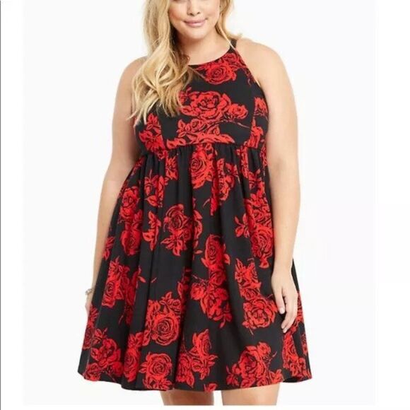 torrid | Dresses | Torrid Dress Size 8 Red Roses Ponte High Neck Skater ...